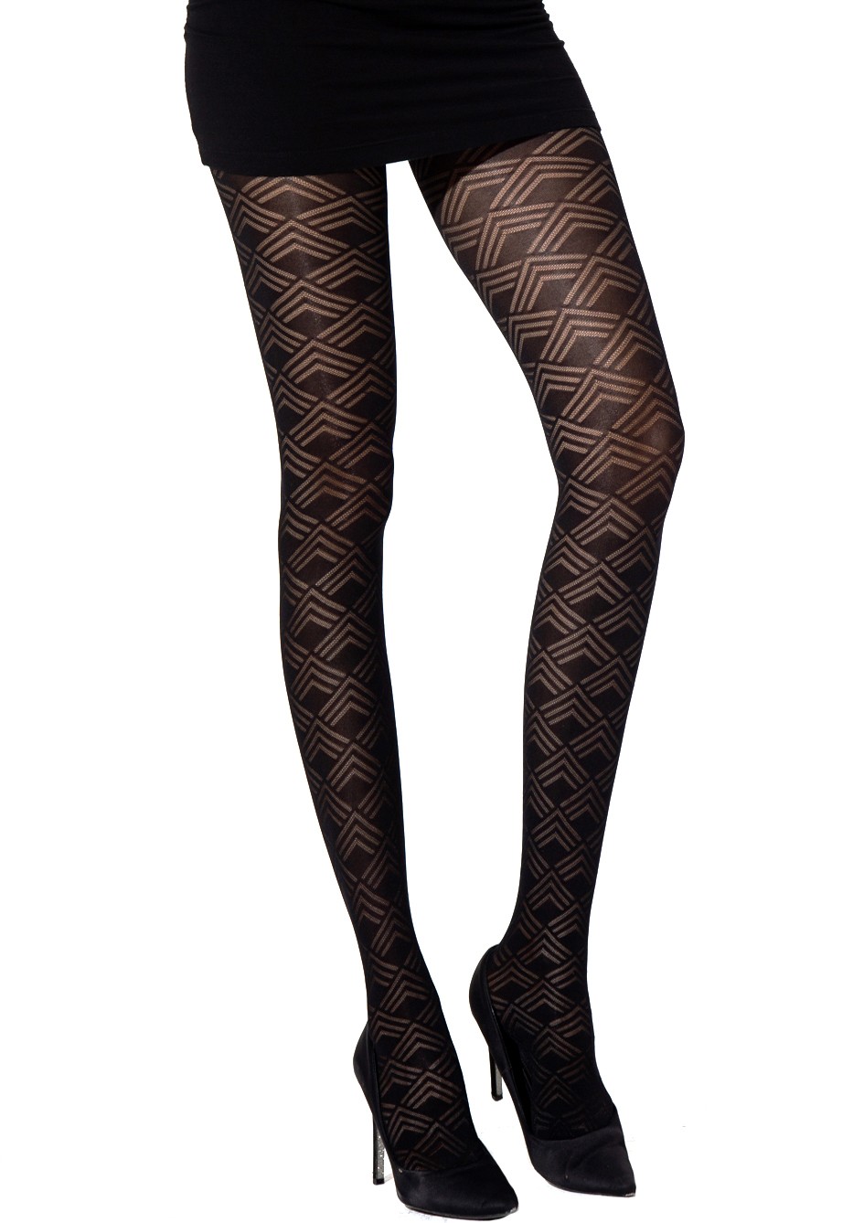 Collant Noir Opaque Jacquard Effet Motif Géométrique