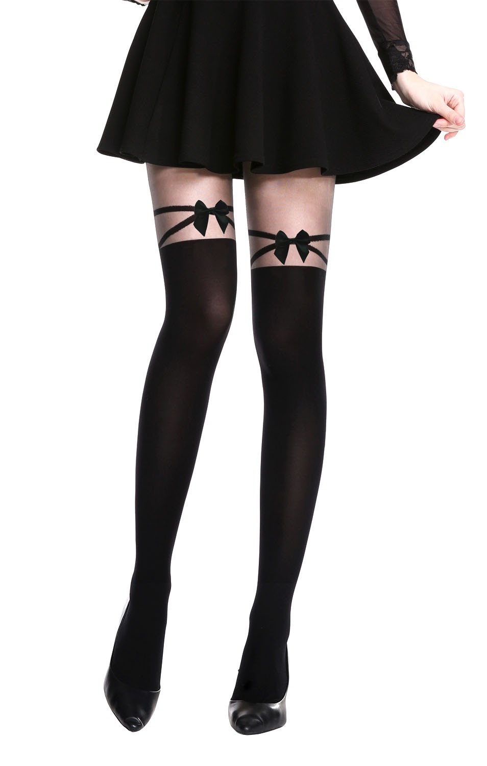 Collant Voile Opaque Jacquard Jarretière Motif Lacet Noeud