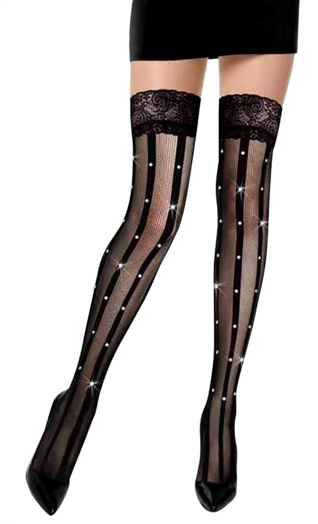 Bas résille Noir fantaisie Effet rayures Strass